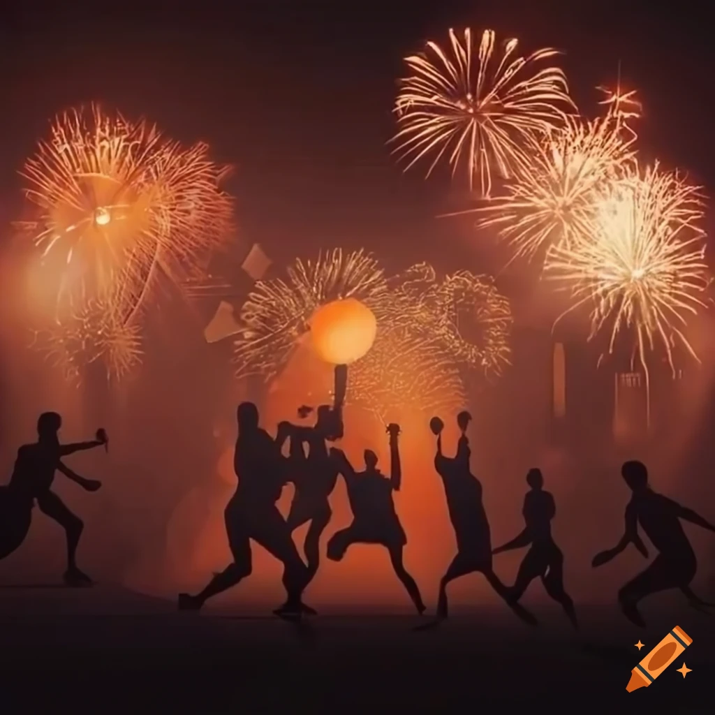 People playing basketball with fireworks in the background on Craiyon