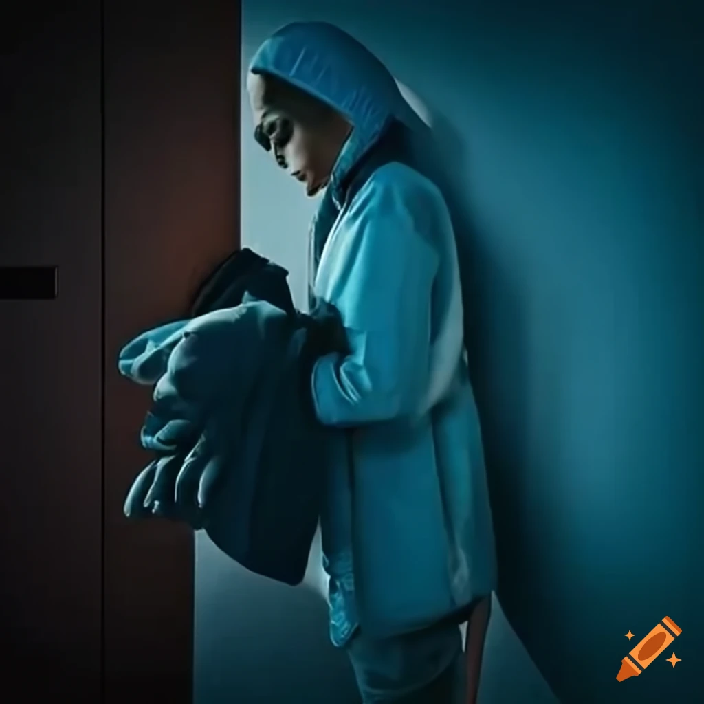 Person carrying bulky jacket, cap, and gloves in an office corridor on ...