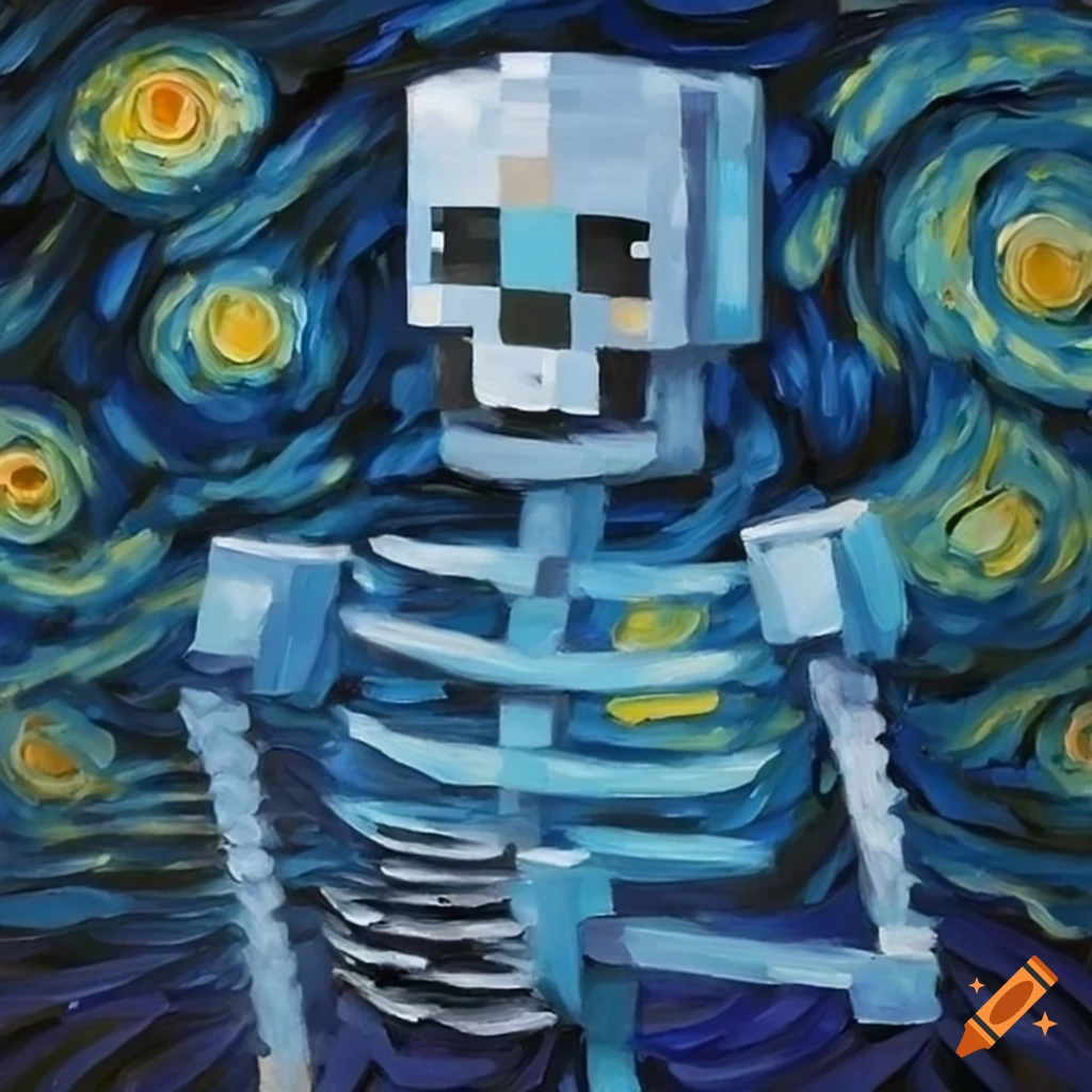 Beautiful oil painting of a blue minecraft skeleton in a starry night ...
