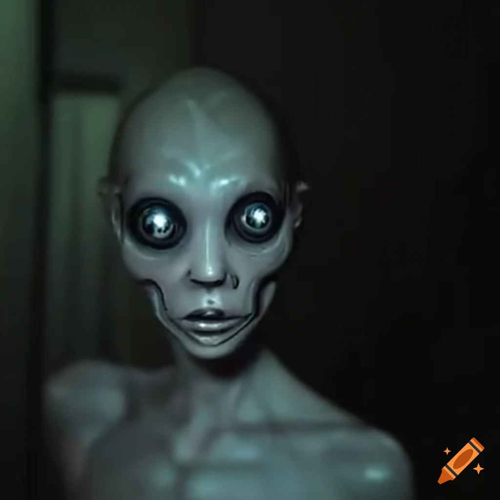 Humanoid alien caught on security camera footage at night on Craiyon