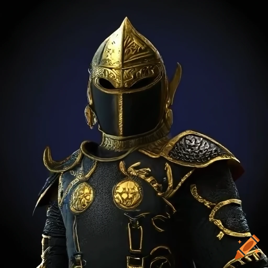 Photorealistic knight in black and gold armor with round-shaped helmet on Craiyon