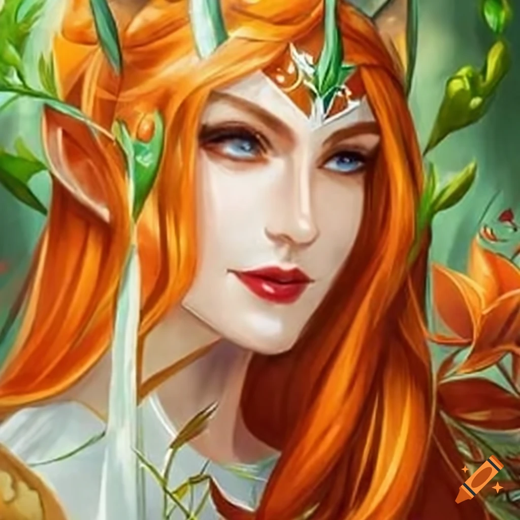 Queen with orange hair and magical white dress in vibrant colors on Craiyon