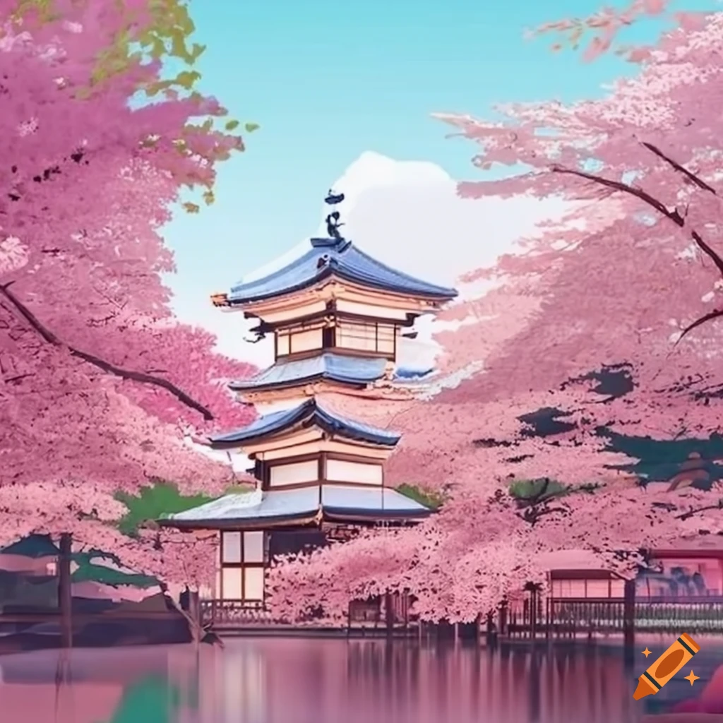 Traditional Japanese house surrounded by cherry blossom trees on Craiyon