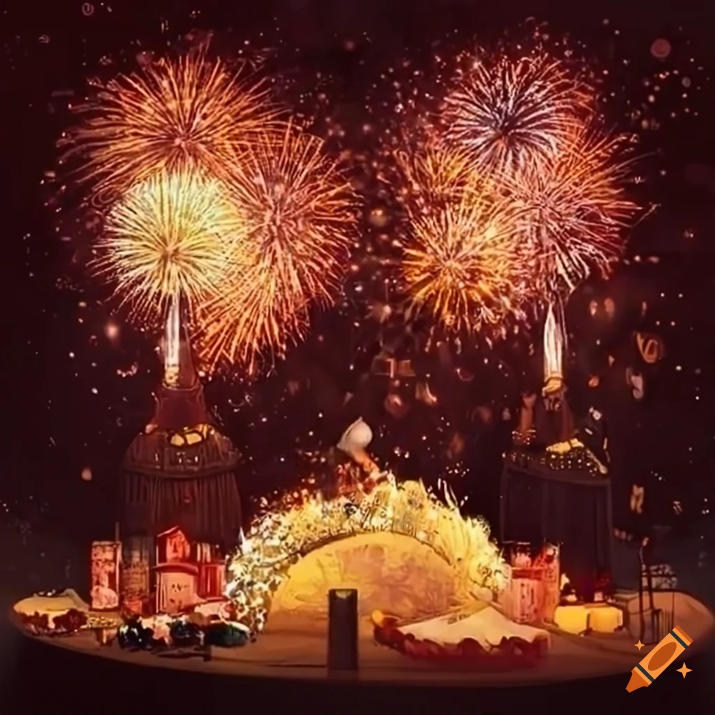 Illustrated new year's eve celebration scenes on Craiyon