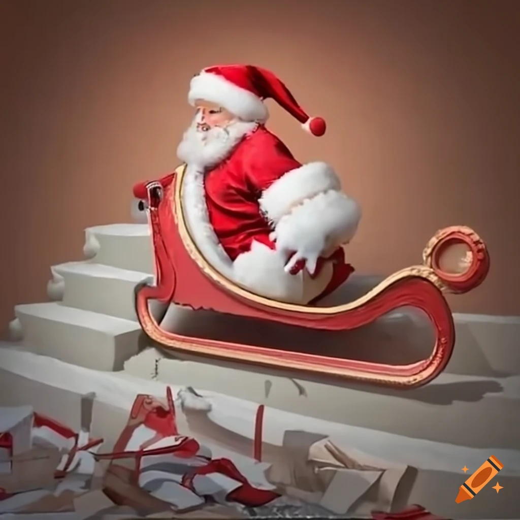 Santa crashes sleigh into house stairs on Craiyon