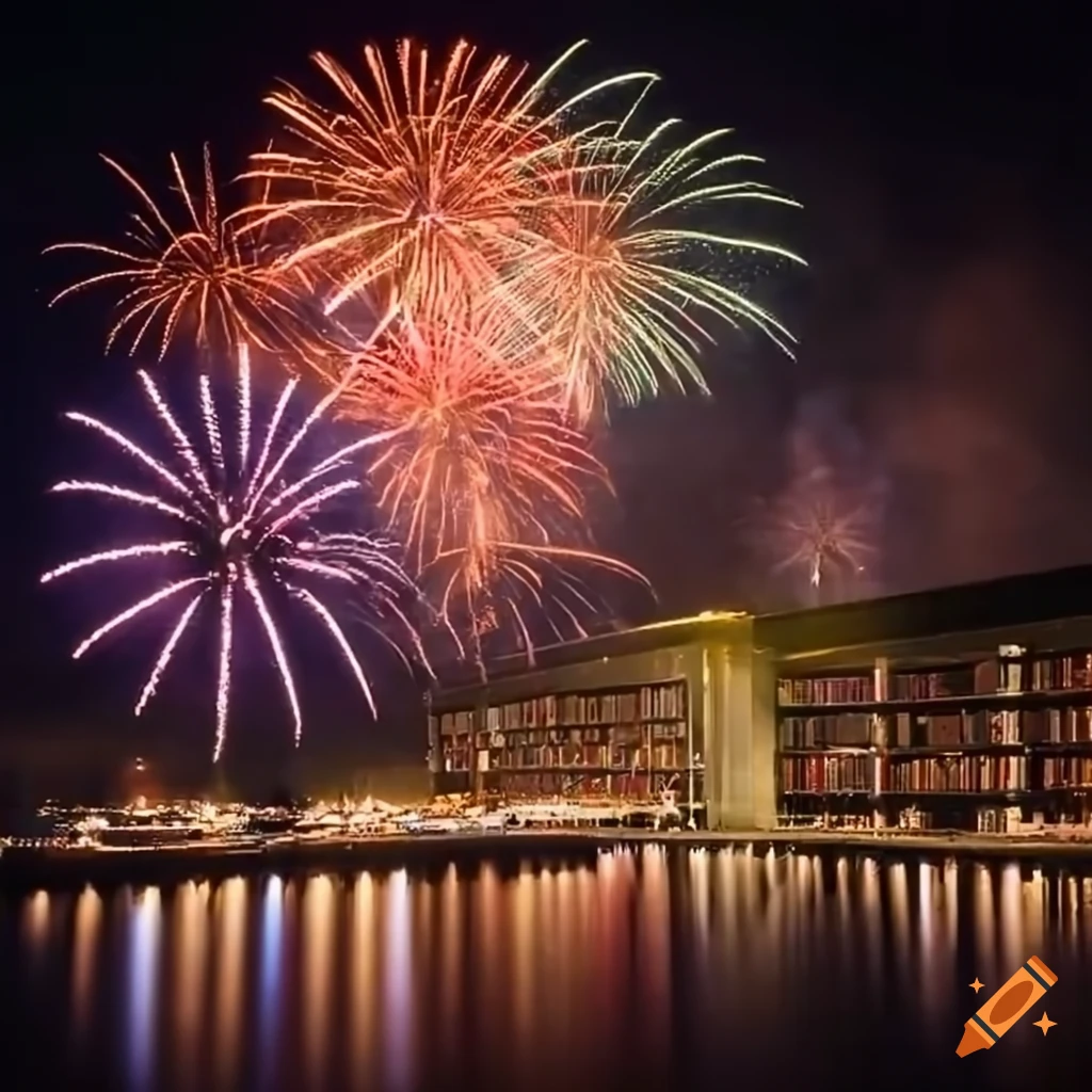 Modern library with "Happy New Year 2024" inscription and fireworks on ...