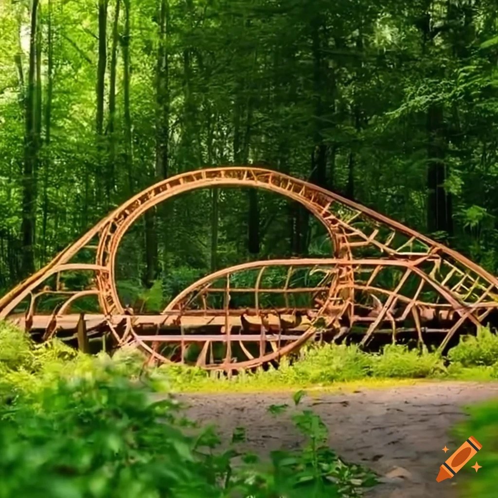Wooden roller coaster in a park surrounded by flowerbed on Craiyon