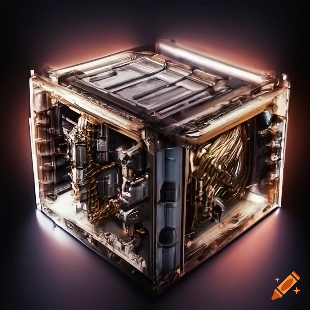 Electric engine cube with wires in a science fiction setting on Craiyon