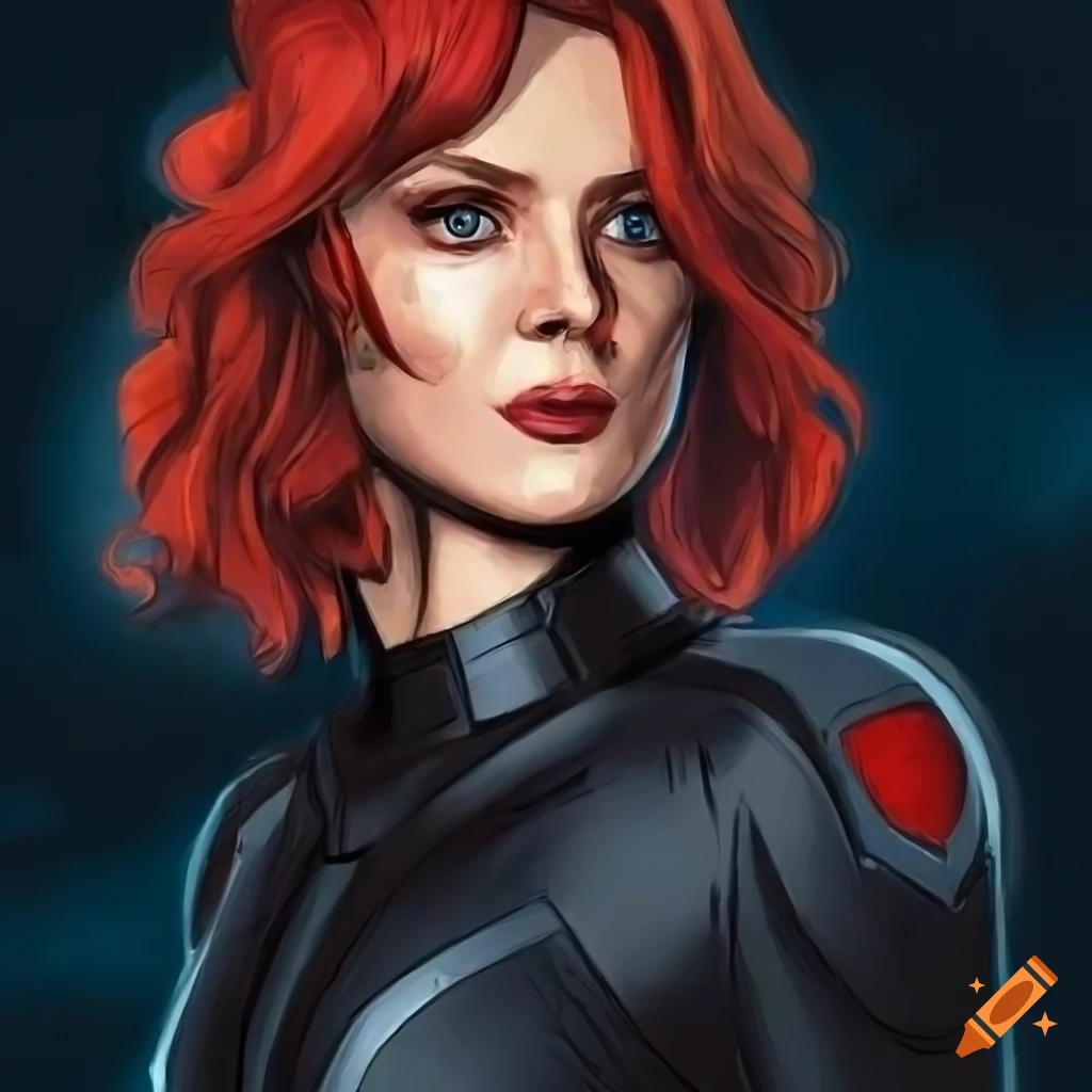 Comic book style portrait of Emily Beecham as Black Widow on Craiyon