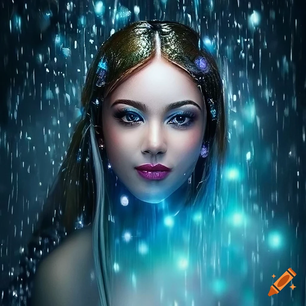 Beautiful woman with tender shimmering makeup standing in glittery ...