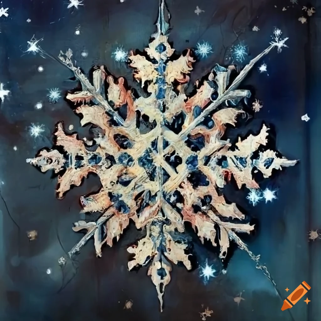 Detailed snowflake painting on wood with sparkles in a medieval style ...