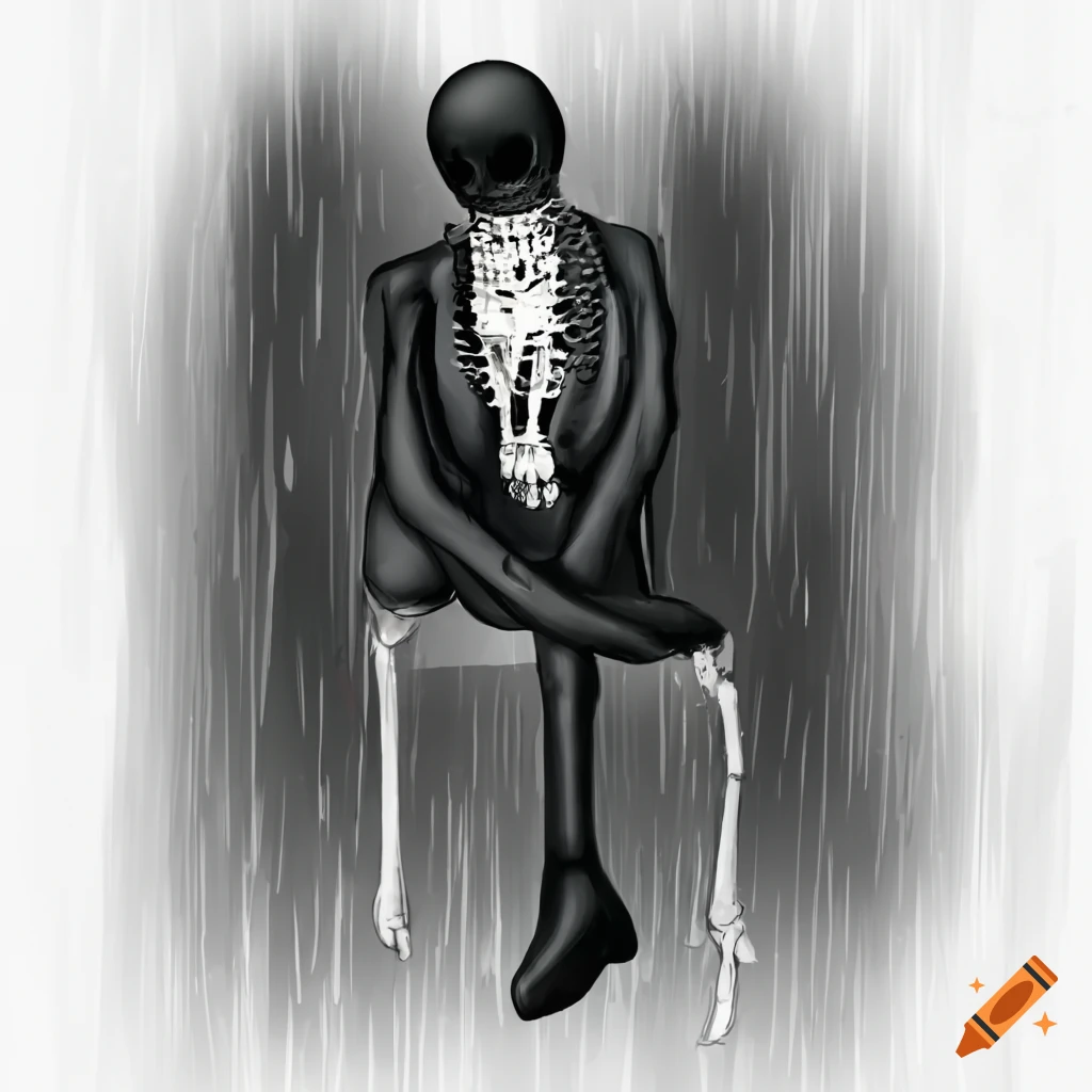 Skeleton in a suit contemplating life in the rain on Craiyon