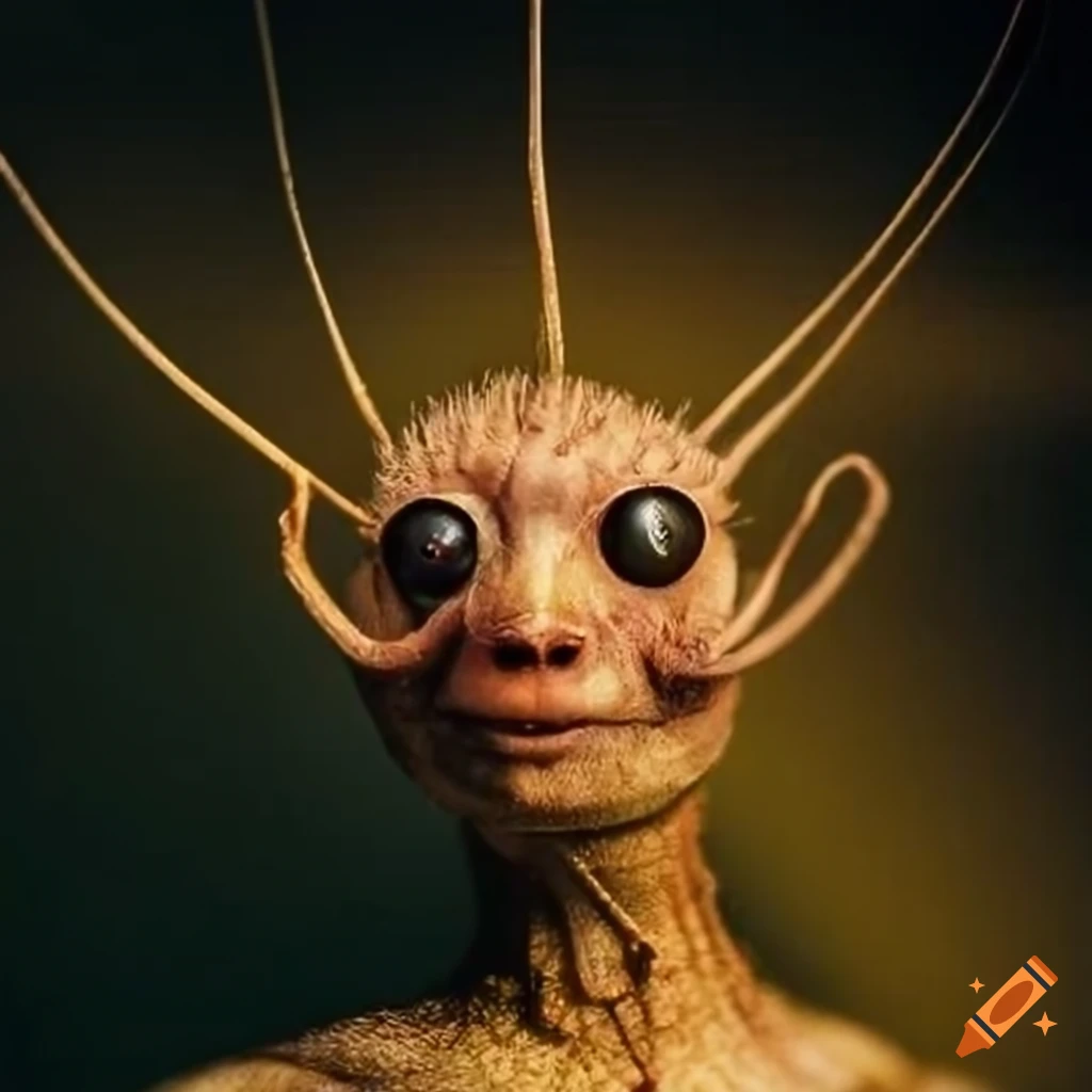 Panorama of strange animals, insects, and small humanoid in a ...