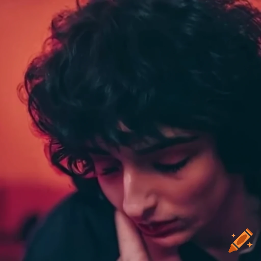 Finn Wolfhard playing guitar with emotion in his room on Craiyon