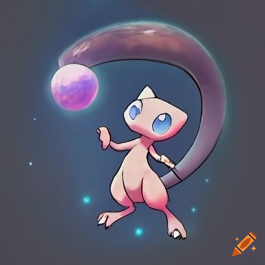 Mew pokemon in space holding a tiny planet on Craiyon