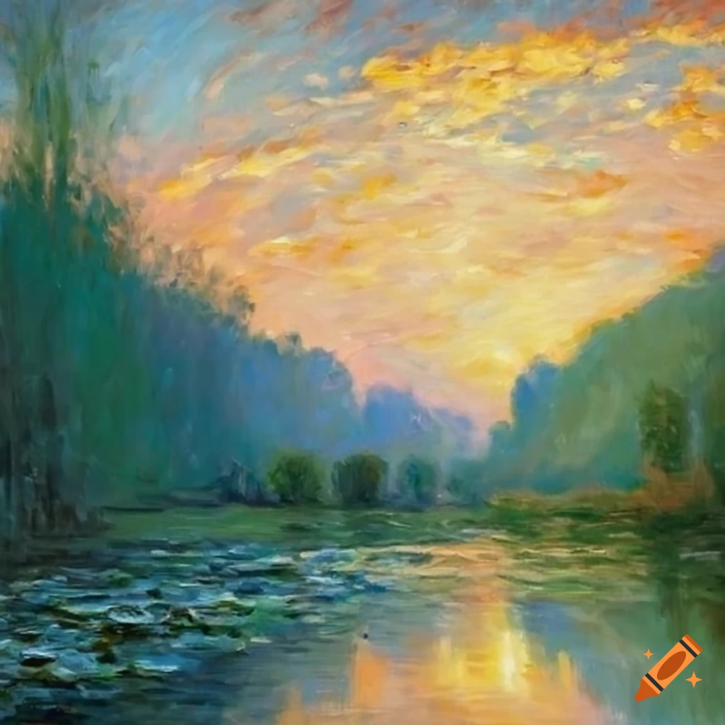 Monet painting of a majestic sky, verdant valley with river and ...