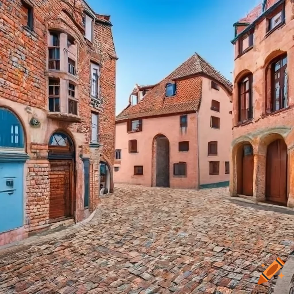 Historic cobblestone courtyard with vibrant medieval architecture on ...