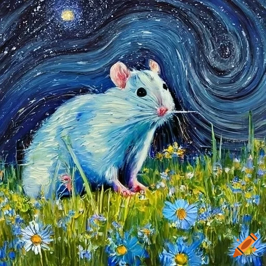 Beautiful oil painting of a cute blue rat in a flower field under a ...