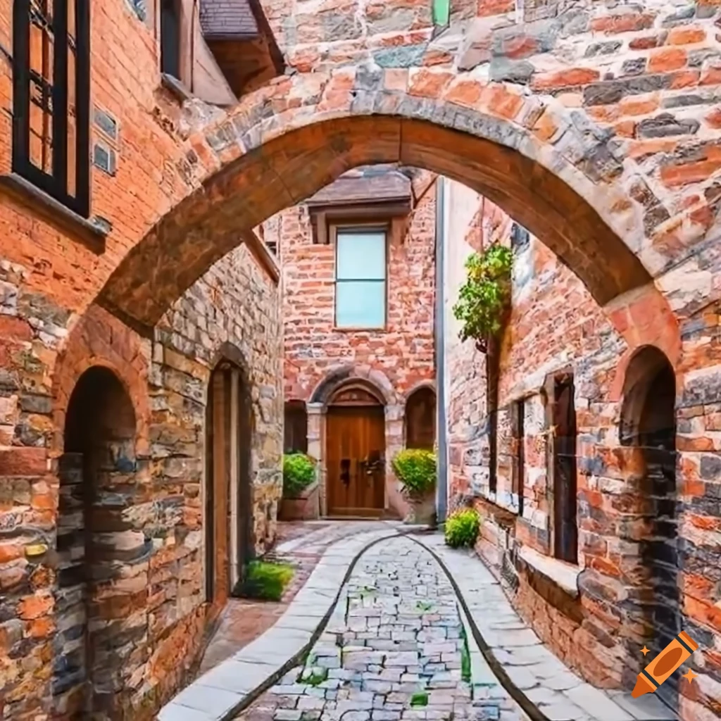 Historic cobblestone courtyard with vibrant medieval architecture on ...