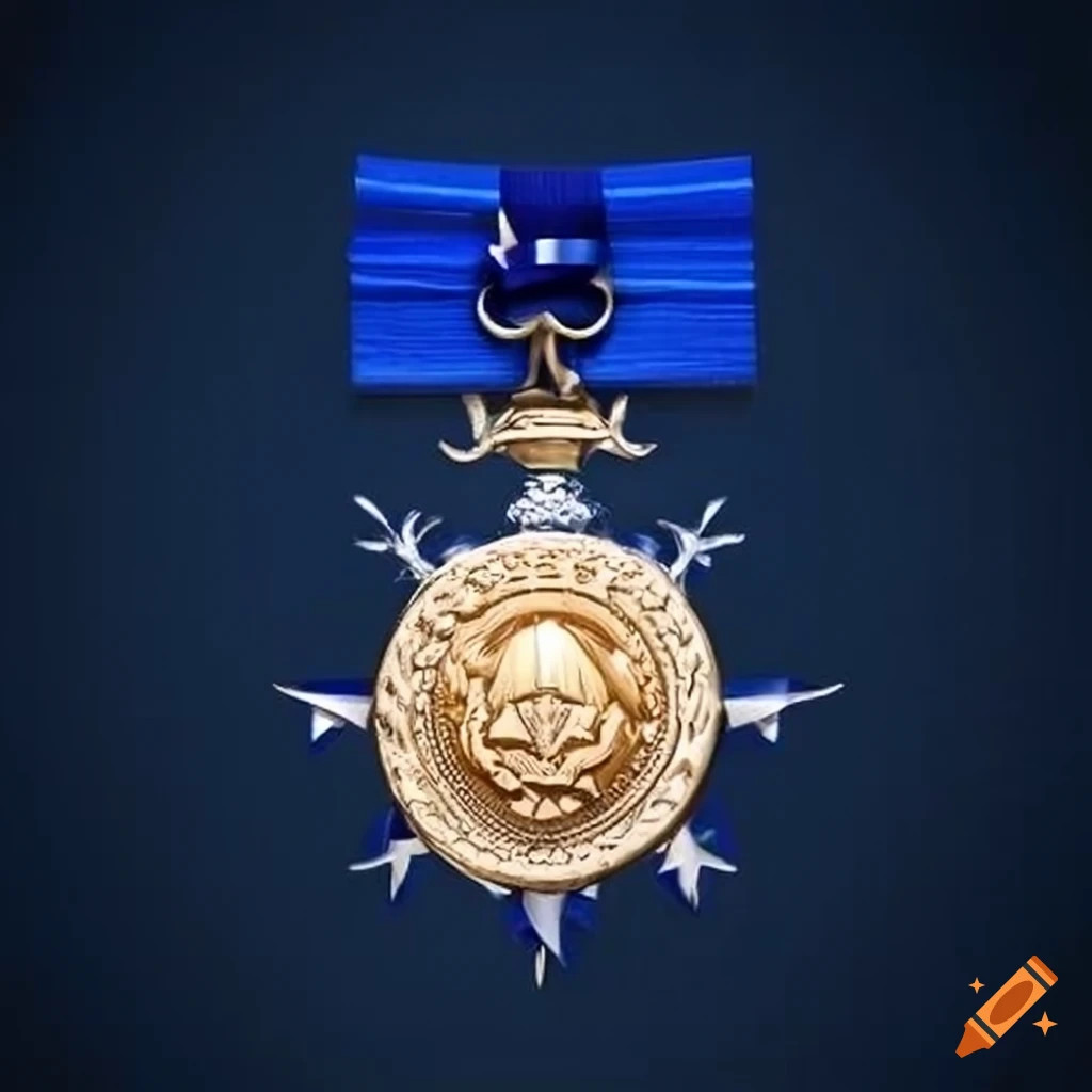 Distinguished royal medal with crown and blue-white ribbon for bravery ...