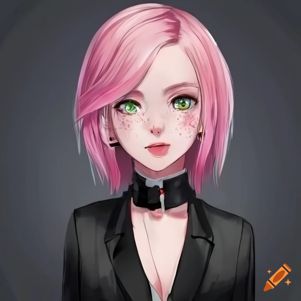 Anime-style woman with pink hair, pale skin, freckles, and green eyes ...