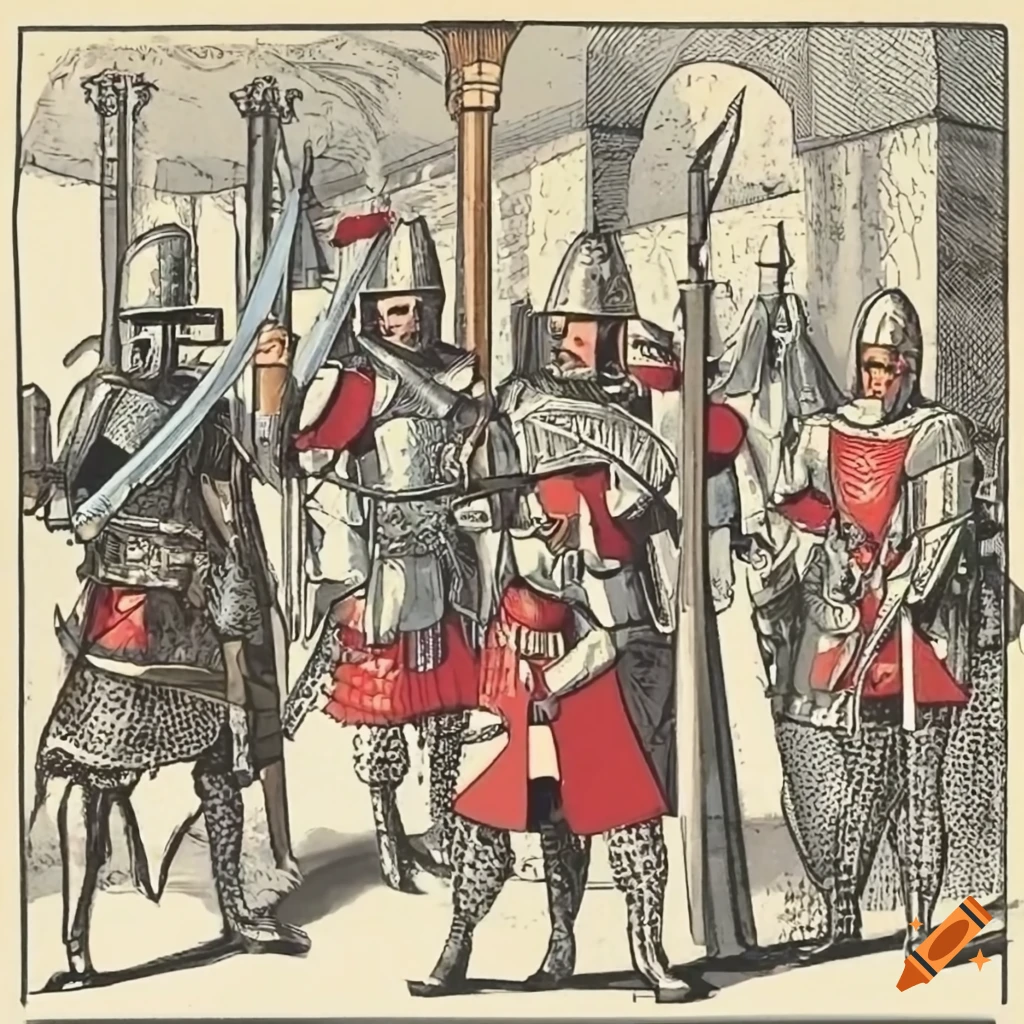 Marching knights army in an old gravure on Craiyon