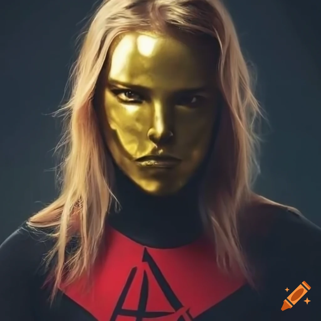Blonde-haired male in gold face mask and black and red spandex suit ...