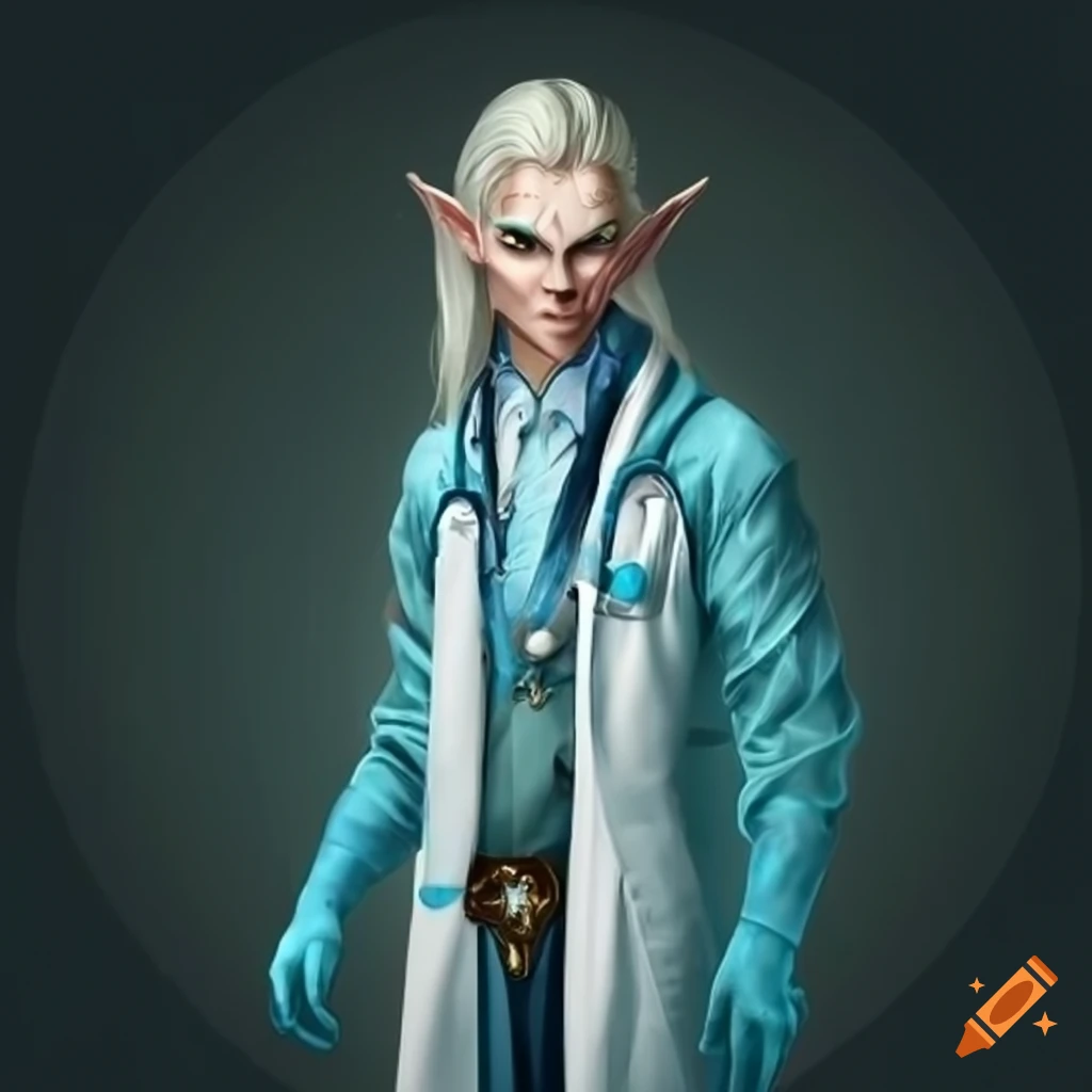 High elf male doctor in fantasy chem robes with a fake smile on Craiyon