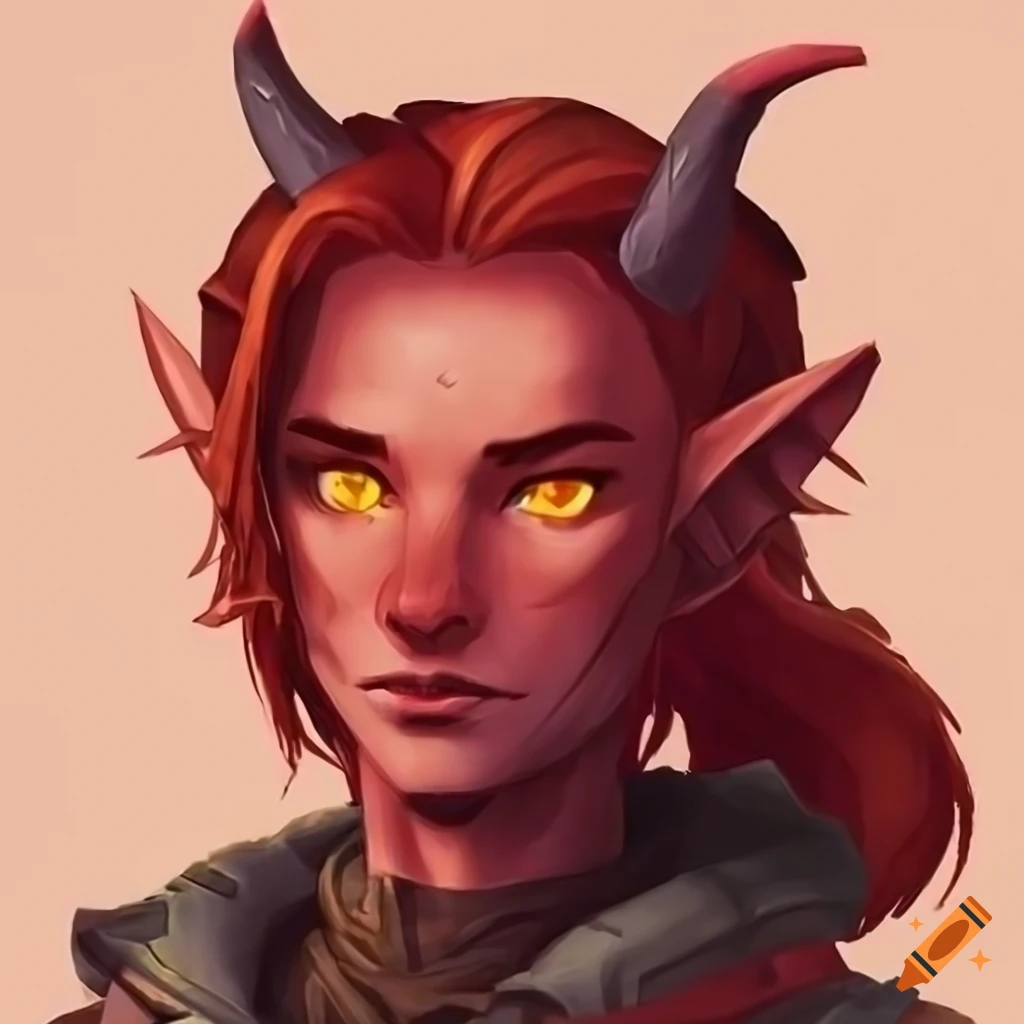 Tiefling rogue with red skin and orange eyes, male character on Craiyon