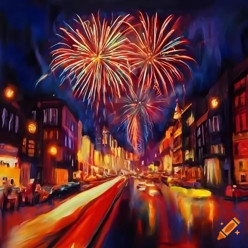 Fireworks in the sky above a busy street in a semi-realistic painting ...