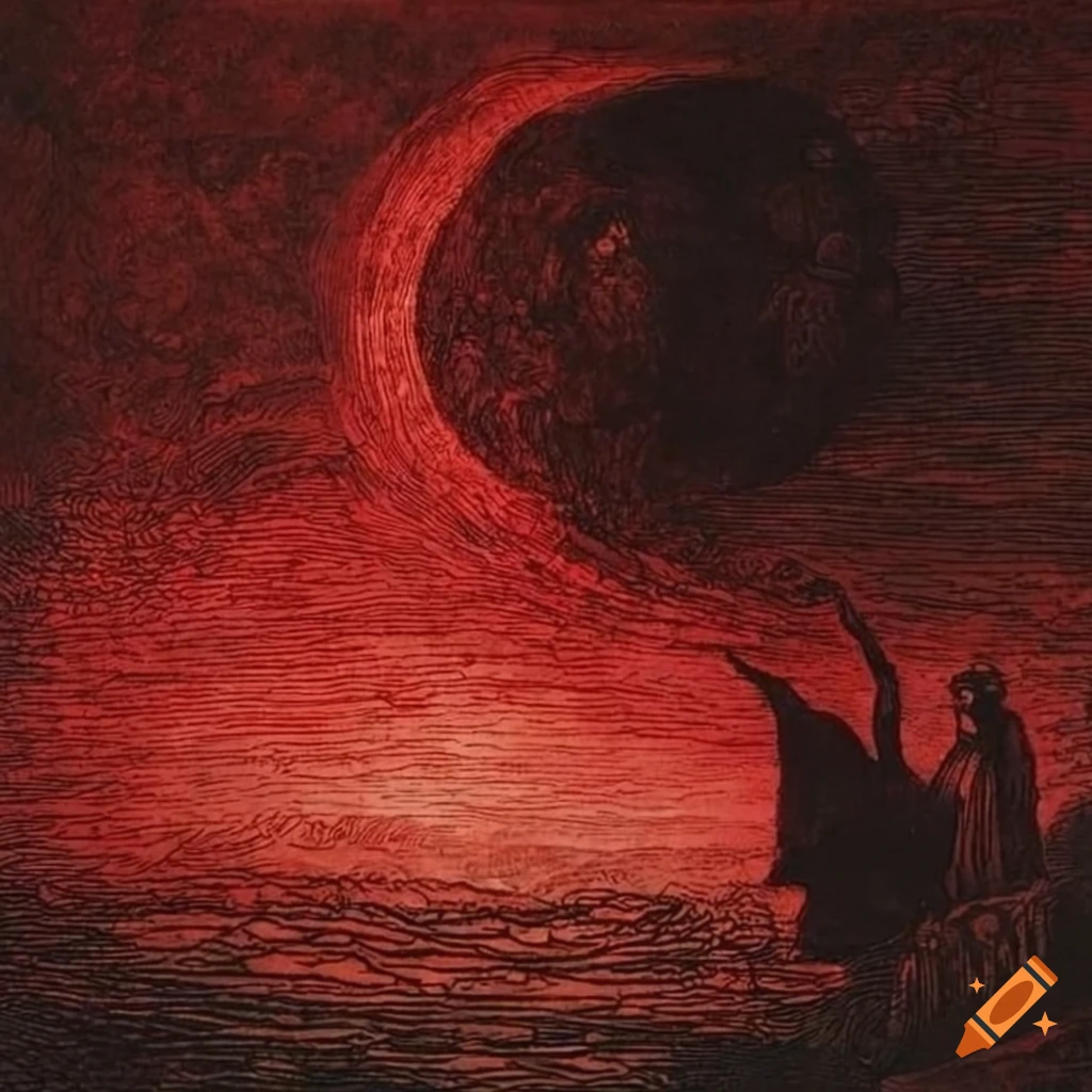 Blood moon rising in highly detailed etching by Gustave Dore on Craiyon