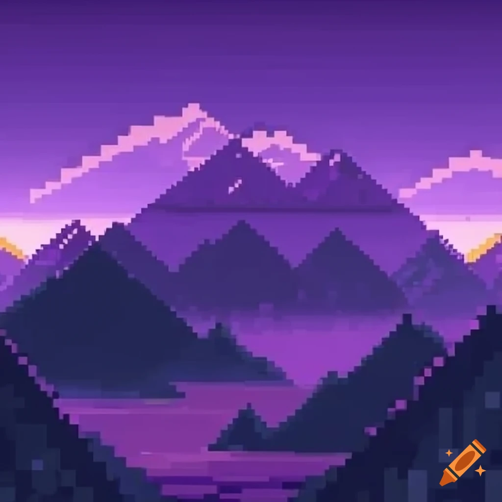 High-resolution 8-bit game background with purple mountains on Craiyon