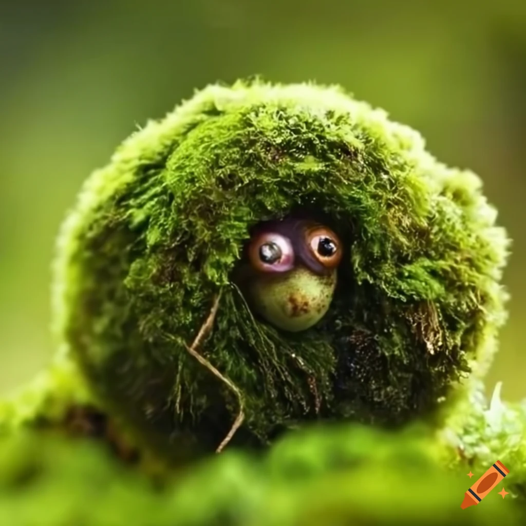 Cute moss ball with expressive eyes surrounded by lush ferns on Craiyon