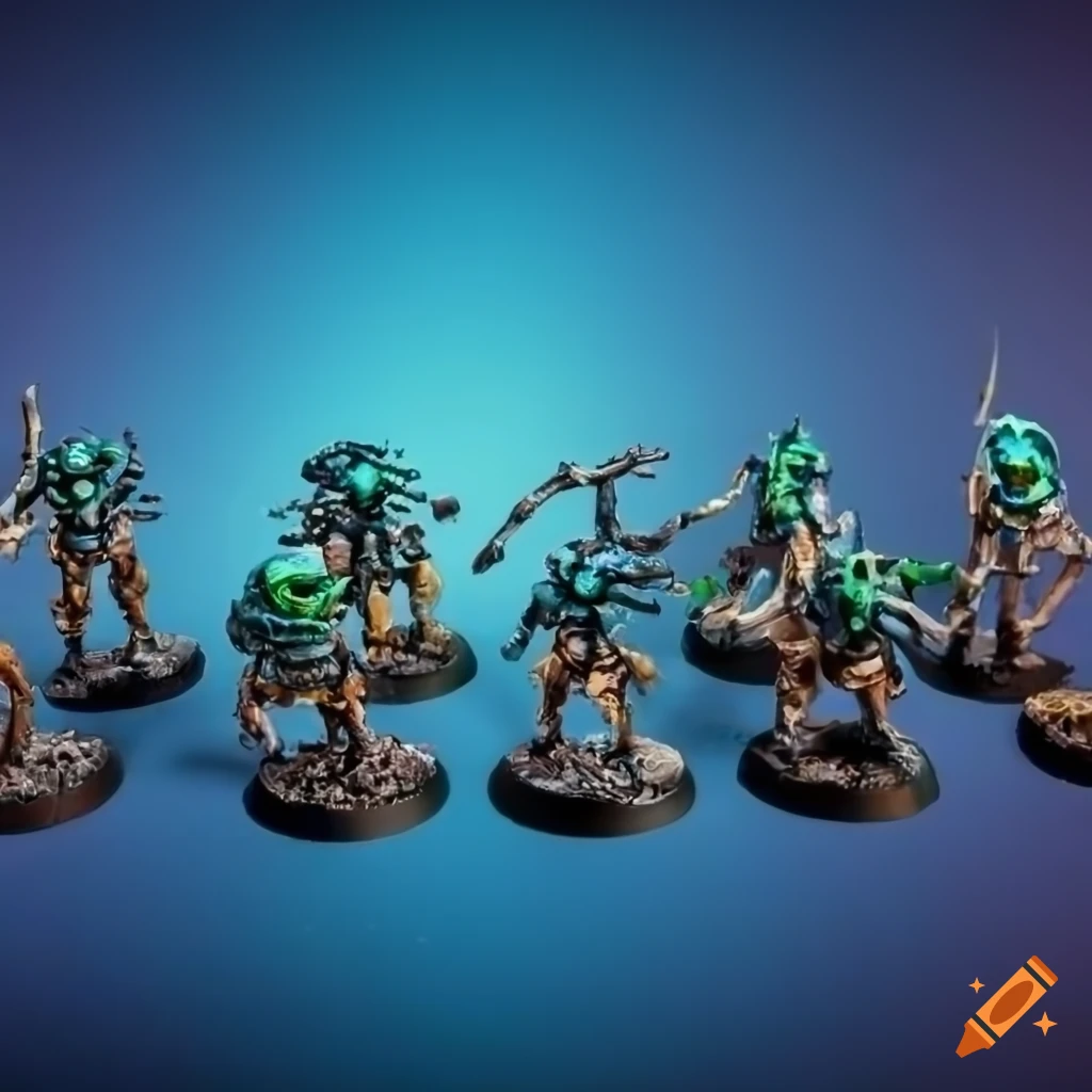 Fully painted squad of five necrons on blue to white gradient ...