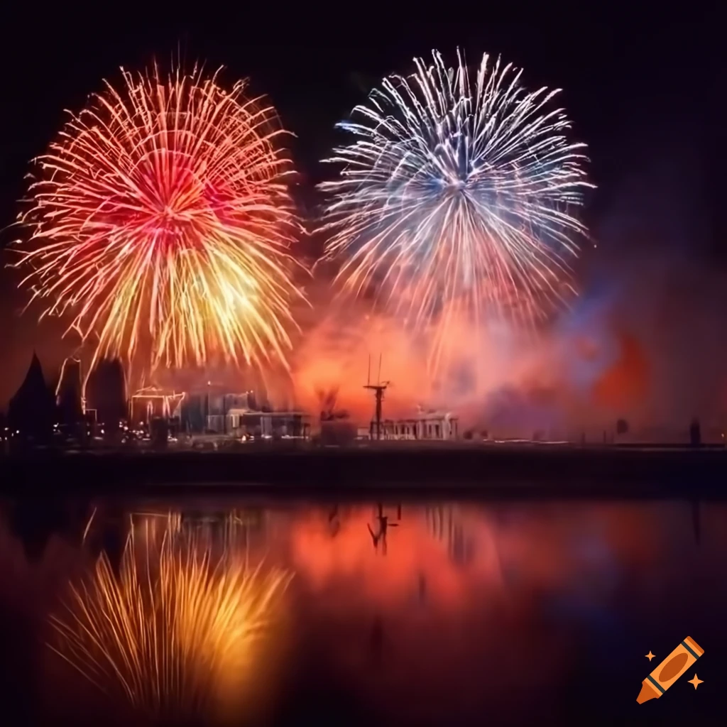 Colorful fireworks and sparks with the silhouette of a small town on ...