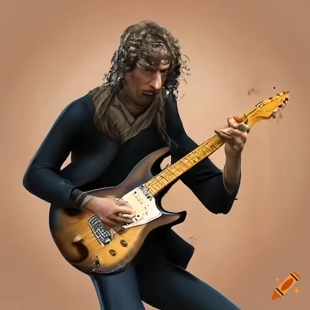 Rock guitarist playing intense power chords in a medieval courtyard on ...