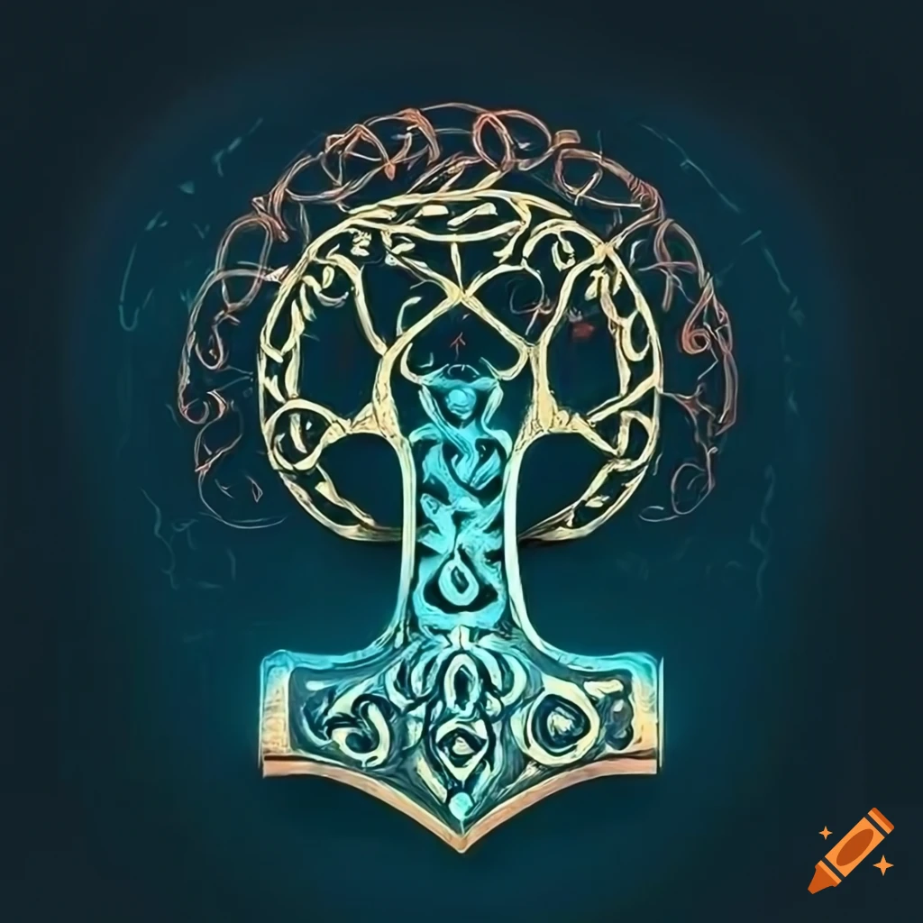 Norse mythology logo with Yggdrasil tree, Thor's hammer, and lightning ...