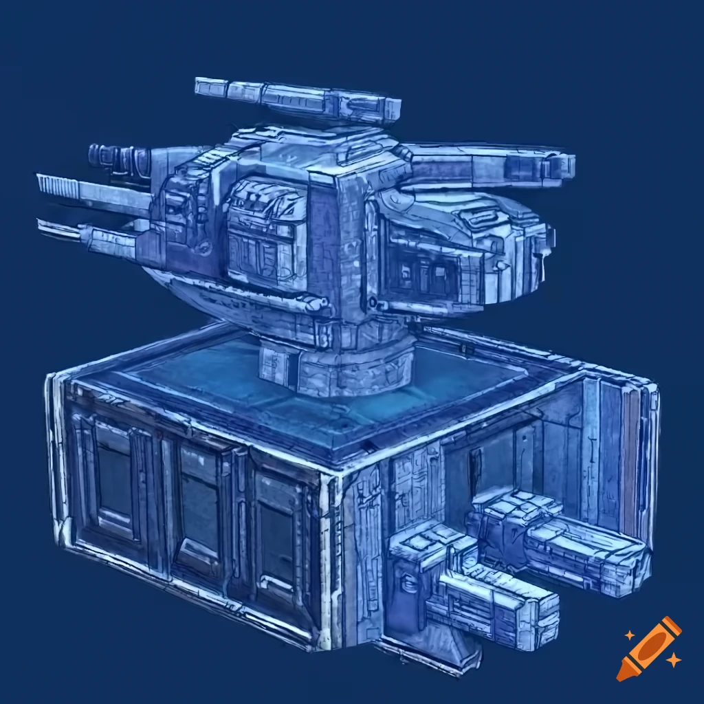 Schematic blueprint of a sci-fi gun turret on Craiyon