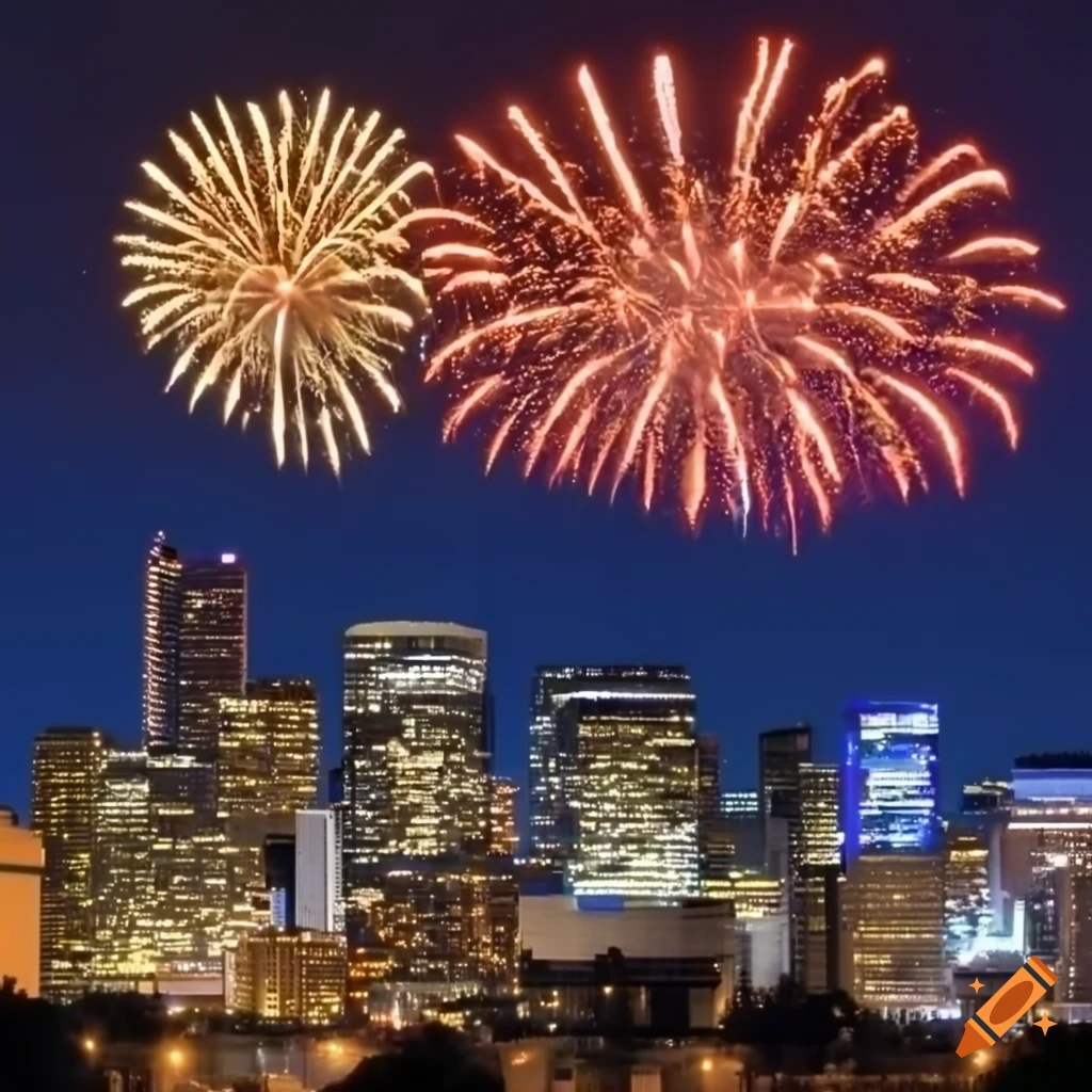 Denver skyline at night with faint mountains and colorful fireworks on ...