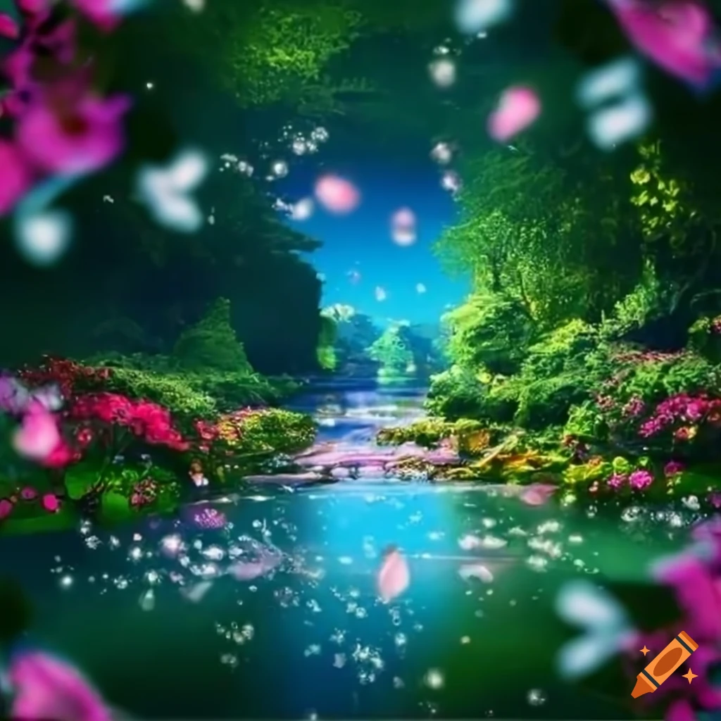 Enchanting garden with roses, butterflies, and a serene river with broken chains symbolizing ...