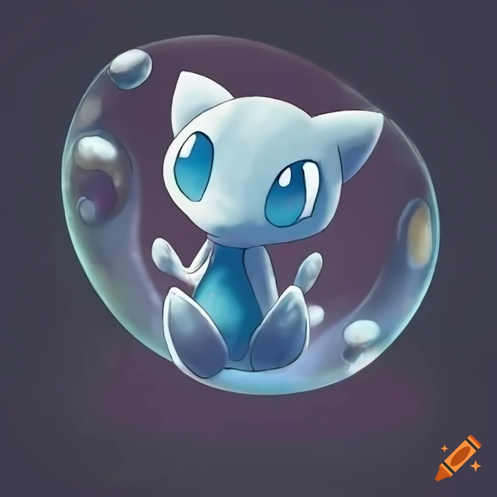 Mew pokemon floating inside a bubble with visible paw pads on Craiyon