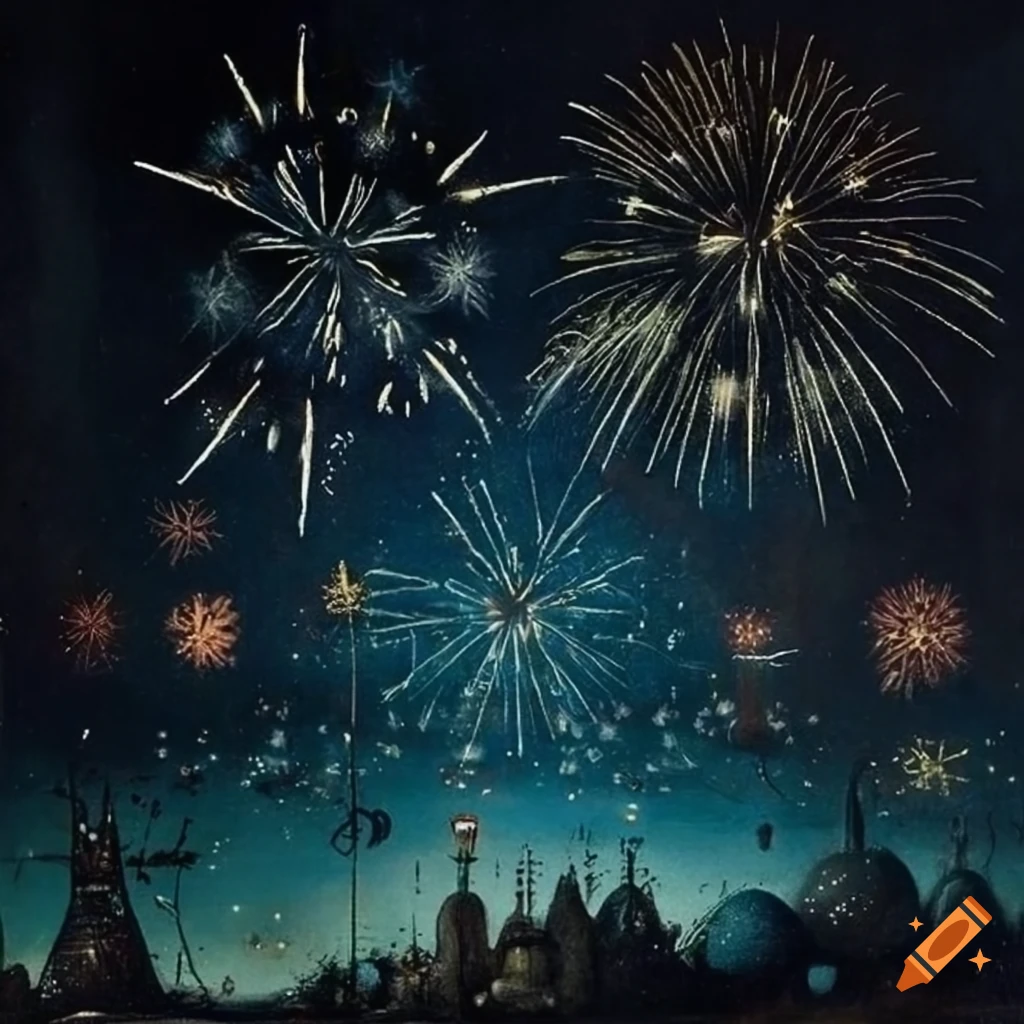 Fireworks in the winter night sky with glowing stars and snowflakes ...