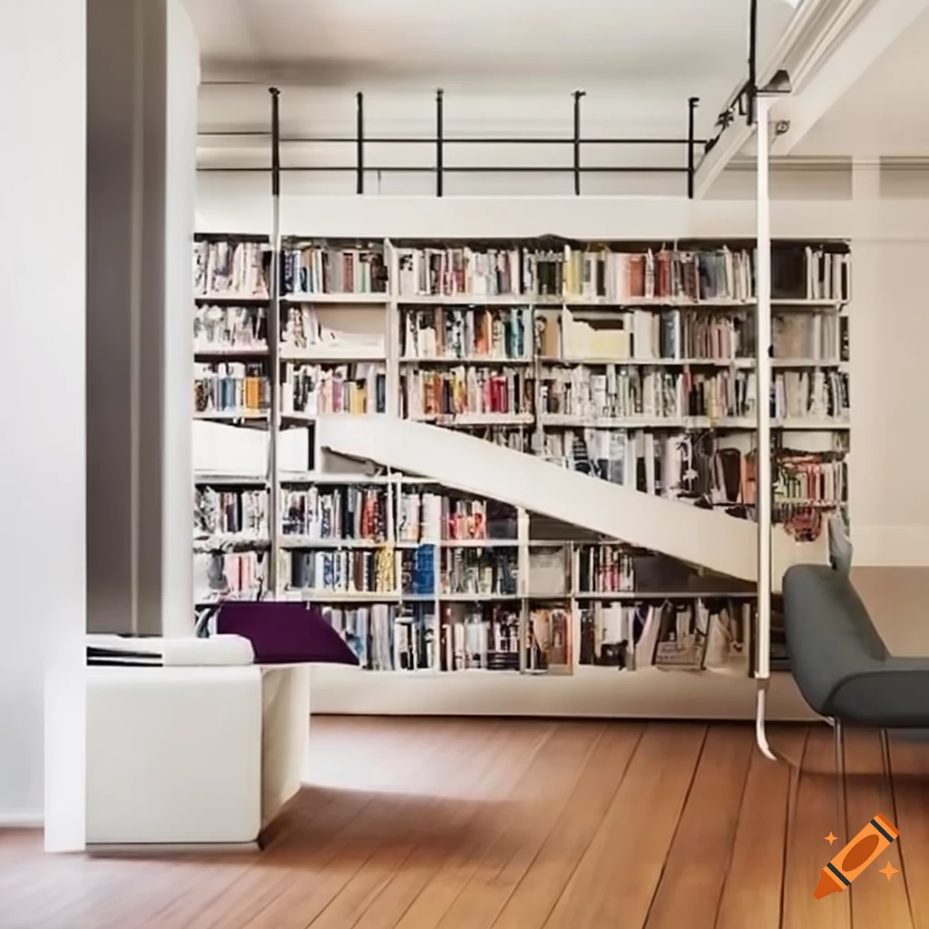 Sleek modern library room with eye-catching bookshelves on Craiyon