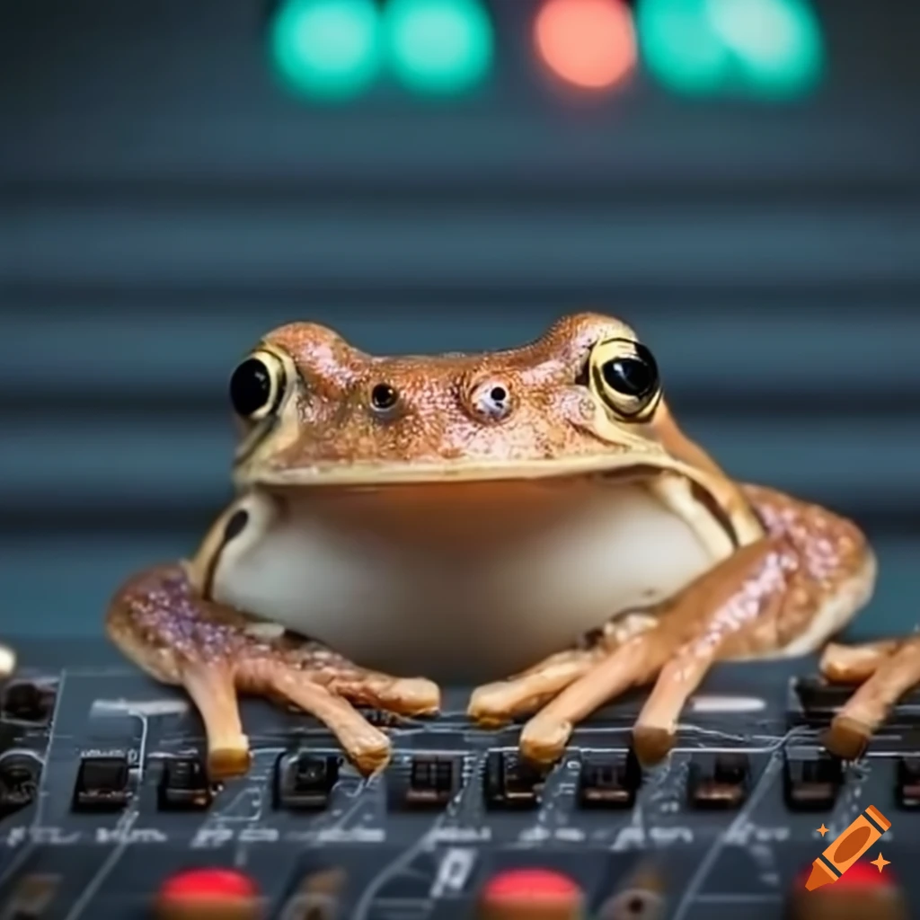 An annoyed frog at a high-tech audio mixing panel on Craiyon