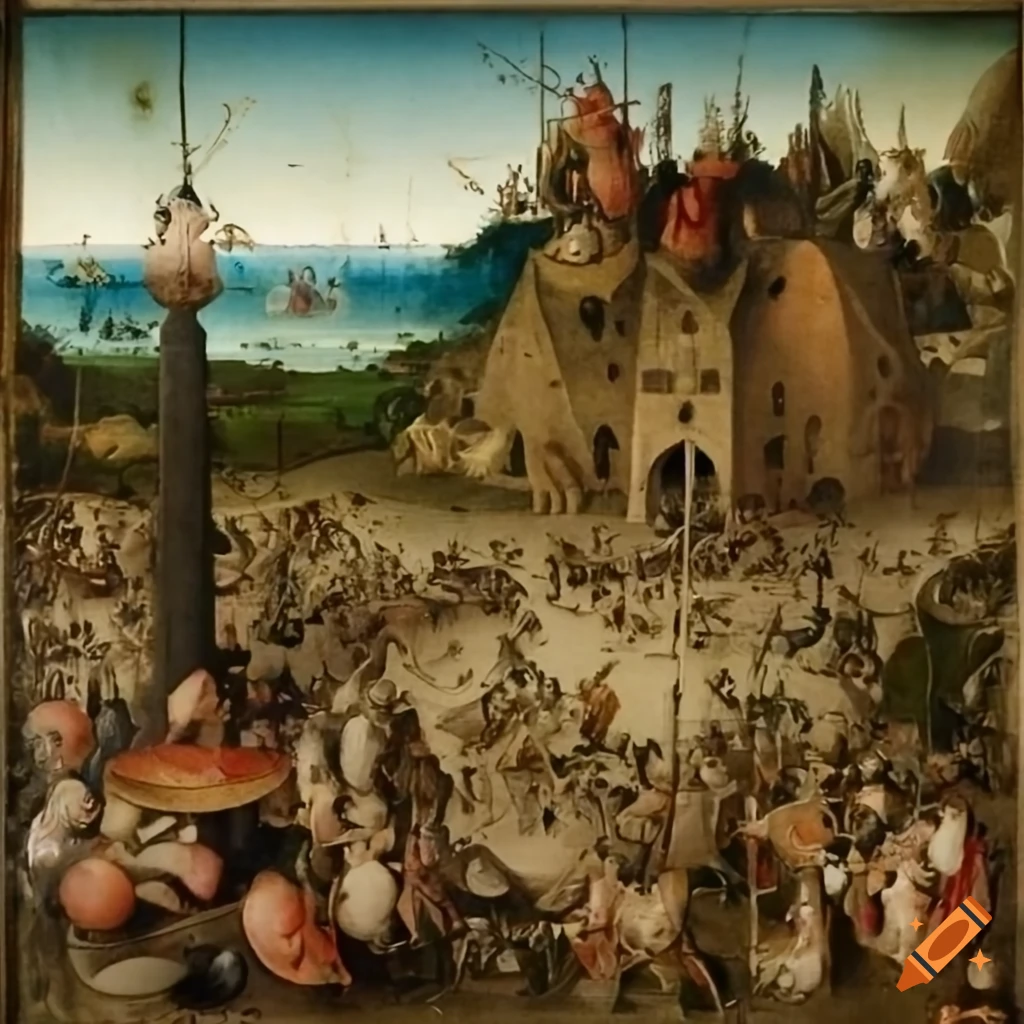 Panorama of strange animals, insects, and small humanoid in a ...