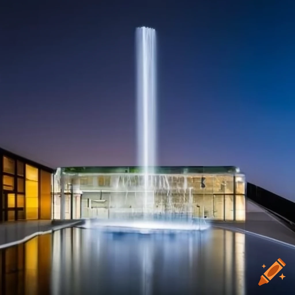 Modern glass supermarket with external fountains on Craiyon