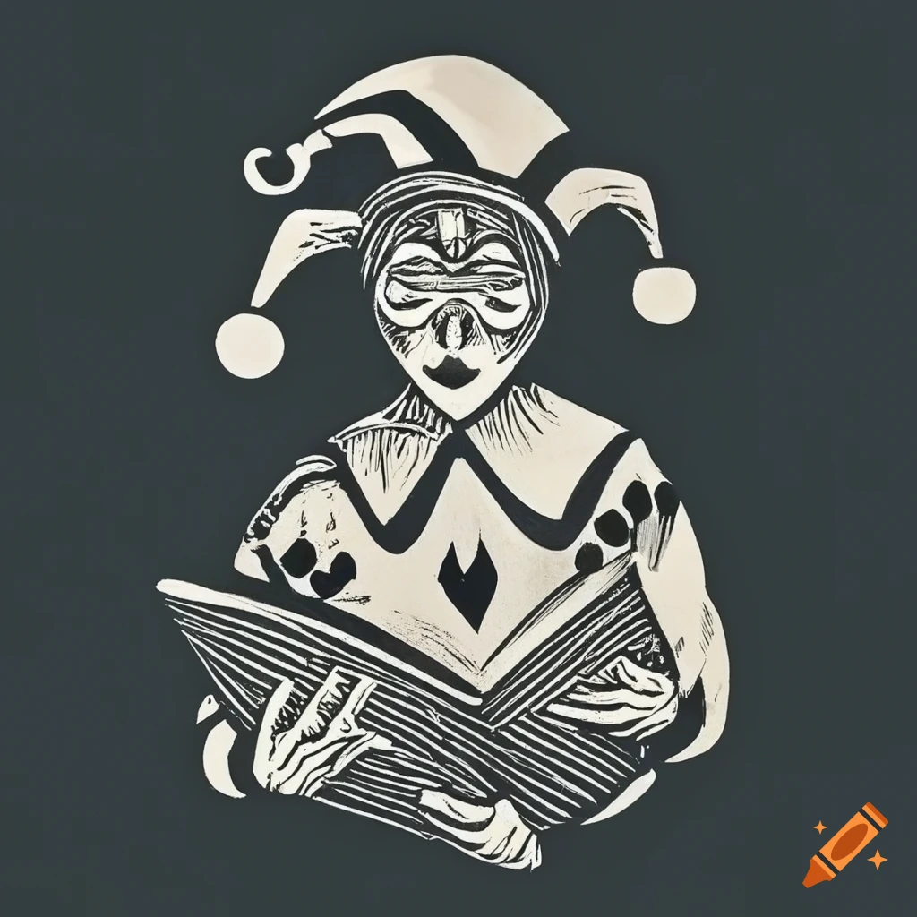 Jester reading a book in monochrome playing card style on Craiyon