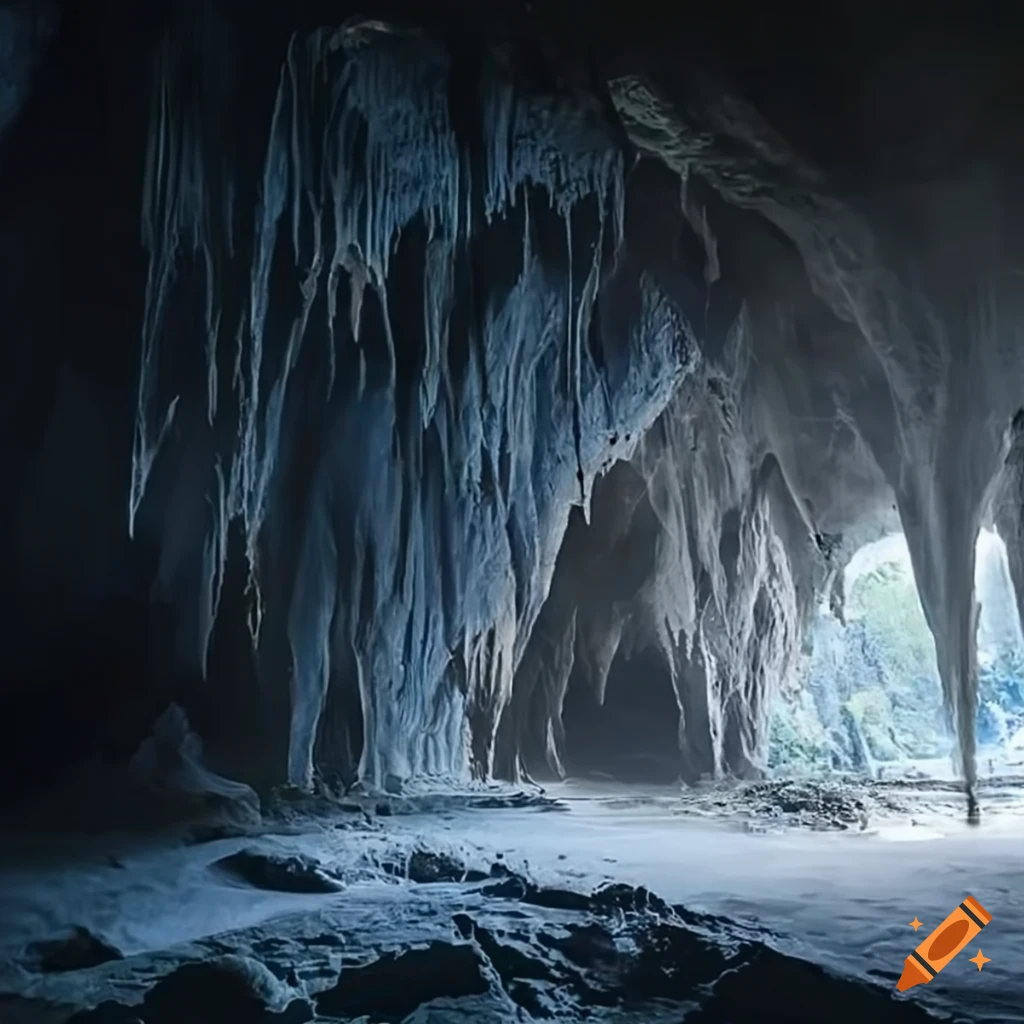 Dark cave with stalactites and stalagmites and dripping water on Craiyon