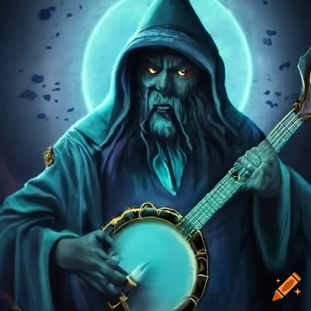 Mystical black robed wizard playing banjo in a summoning circle on Craiyon