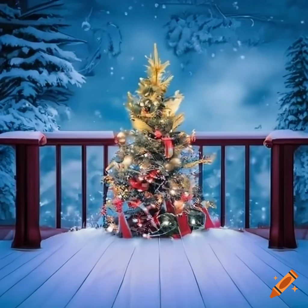 Luxurious winter deck with christmas tree and presents on Craiyon